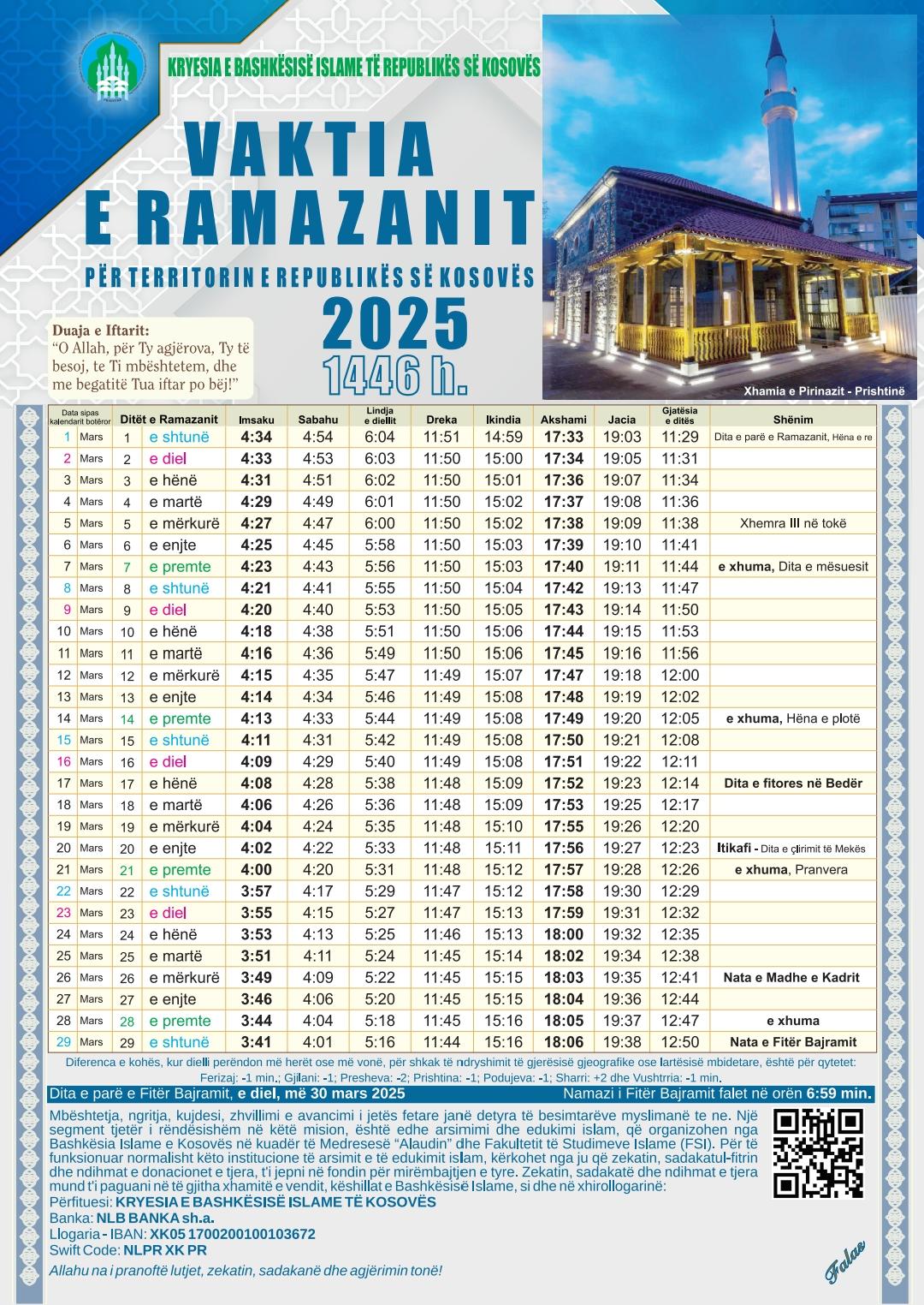 Vaktia e Ramazanit 2025 – Agjërimi, Syfyri dhe Iftari – Ekonomia Online